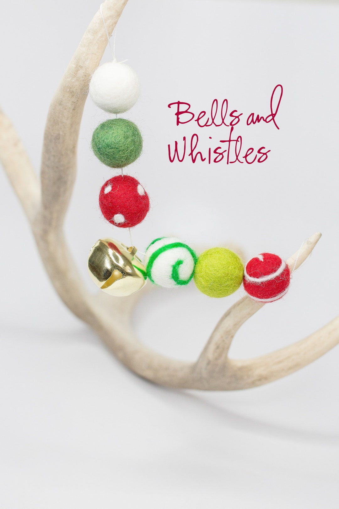 Bells and Whistles -christmas Felt Ball Garland -gold Jingle Bells -red ...