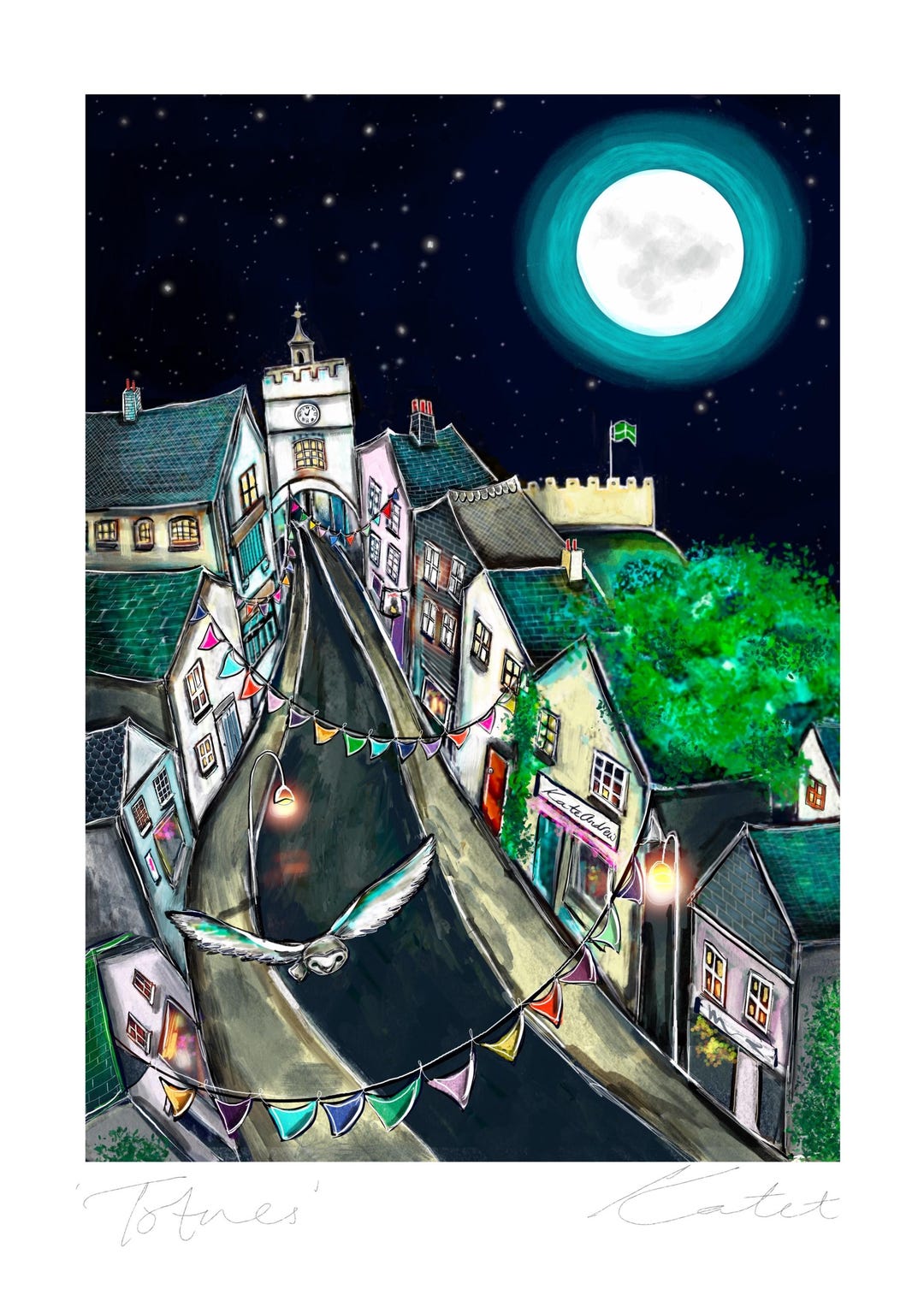 Totnes High Street Night Print: Devon Art, Owl & Moon - Etsy