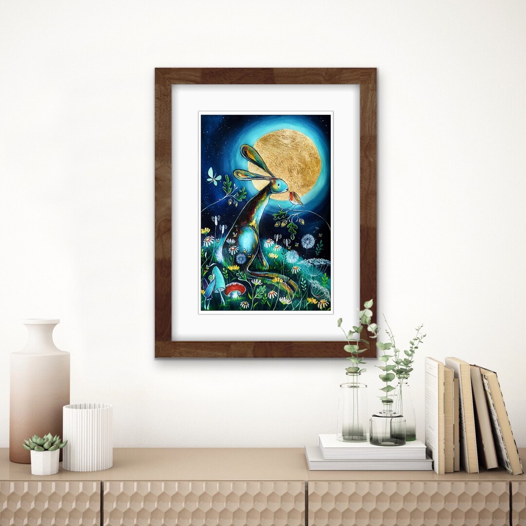 Hare and Robin Art Print: Golden Moon, Wildflower Meadow, Mounted A3 - Etsy