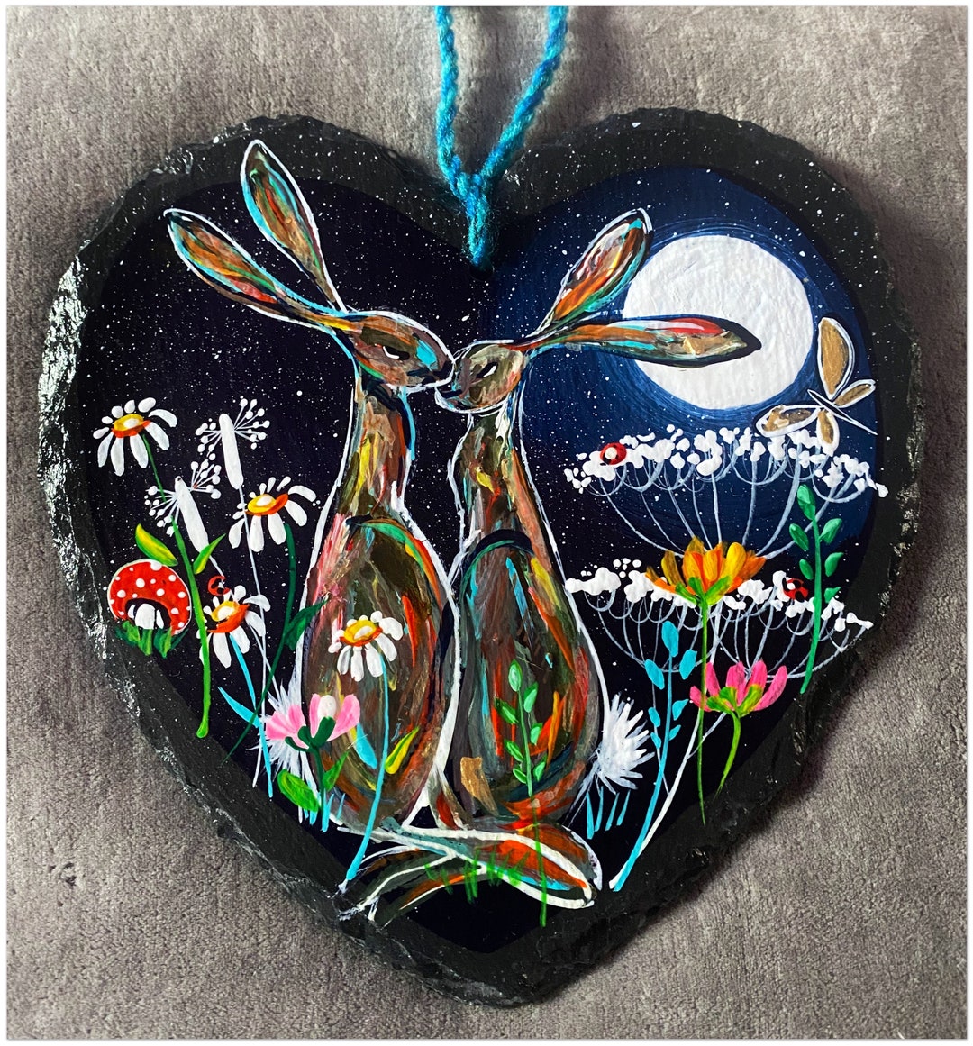 Love Story Hares Kissing Under Full Moon. Handpainted on a Large Slate ...