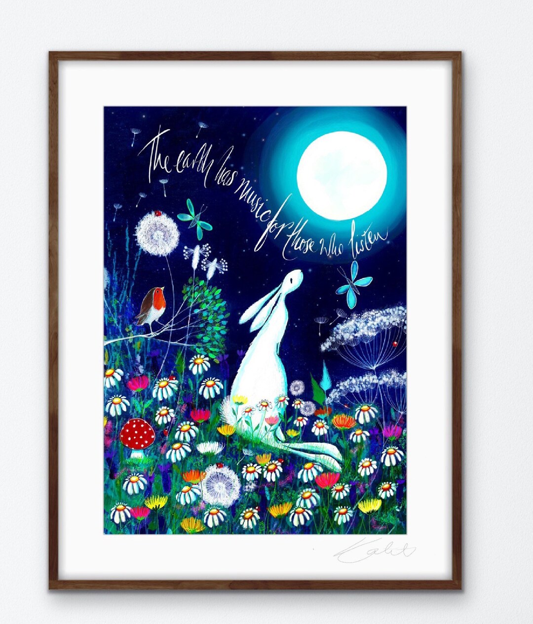 Hare and Robin Moon Print: Muted Floral Meadow Art - Etsy