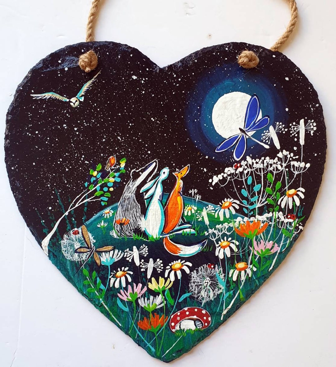 Handpainted Slate Heart: Fox, Hare & Badger Moon Art (25cm) - Etsy UK