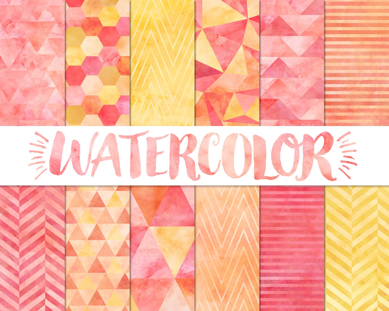 Pink Digital Watercolor Paper/ Pink, Coral, Orange, Yellow / Modern ...