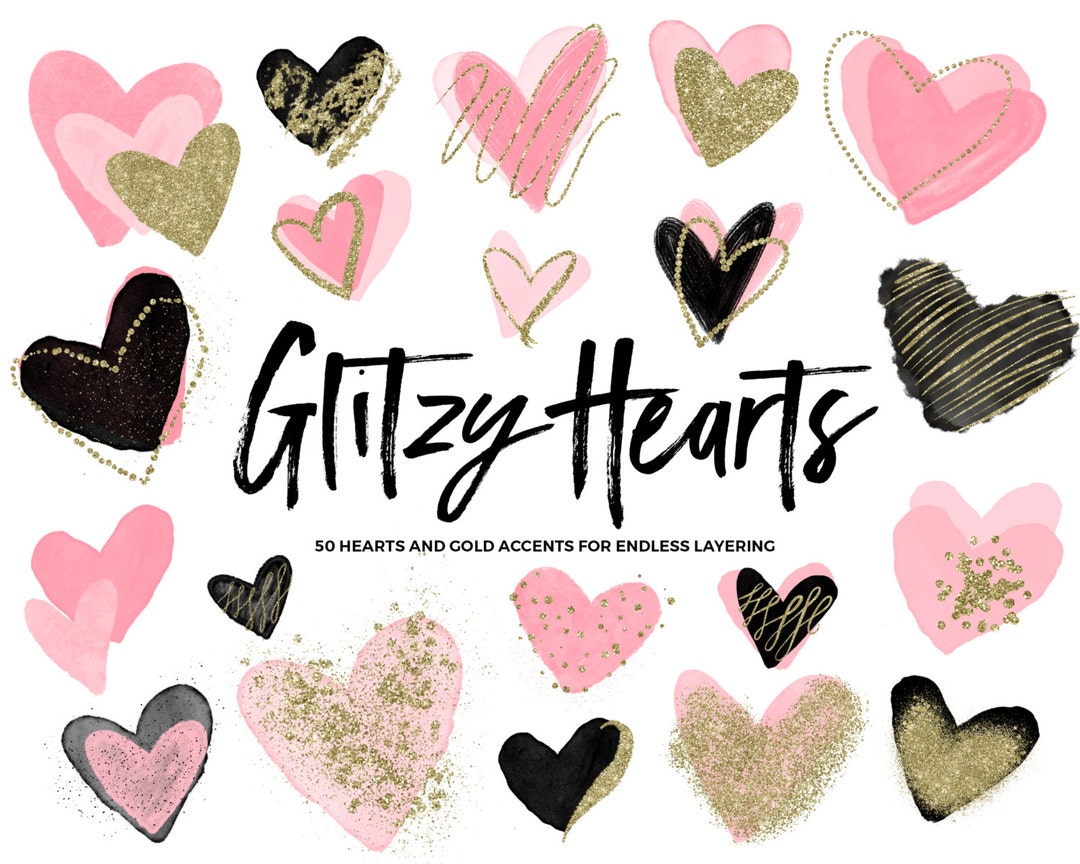 Pink Watercolor Heart Clipart / Clipart Hearts / Gold Glitter Hearts ...