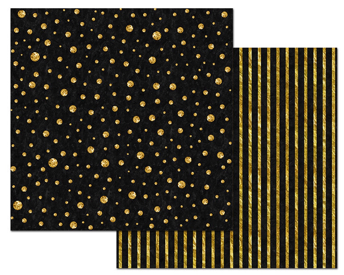 Black and Gold Digital Paper / Gold Stripes and Polka Dots / Gold Foil ...