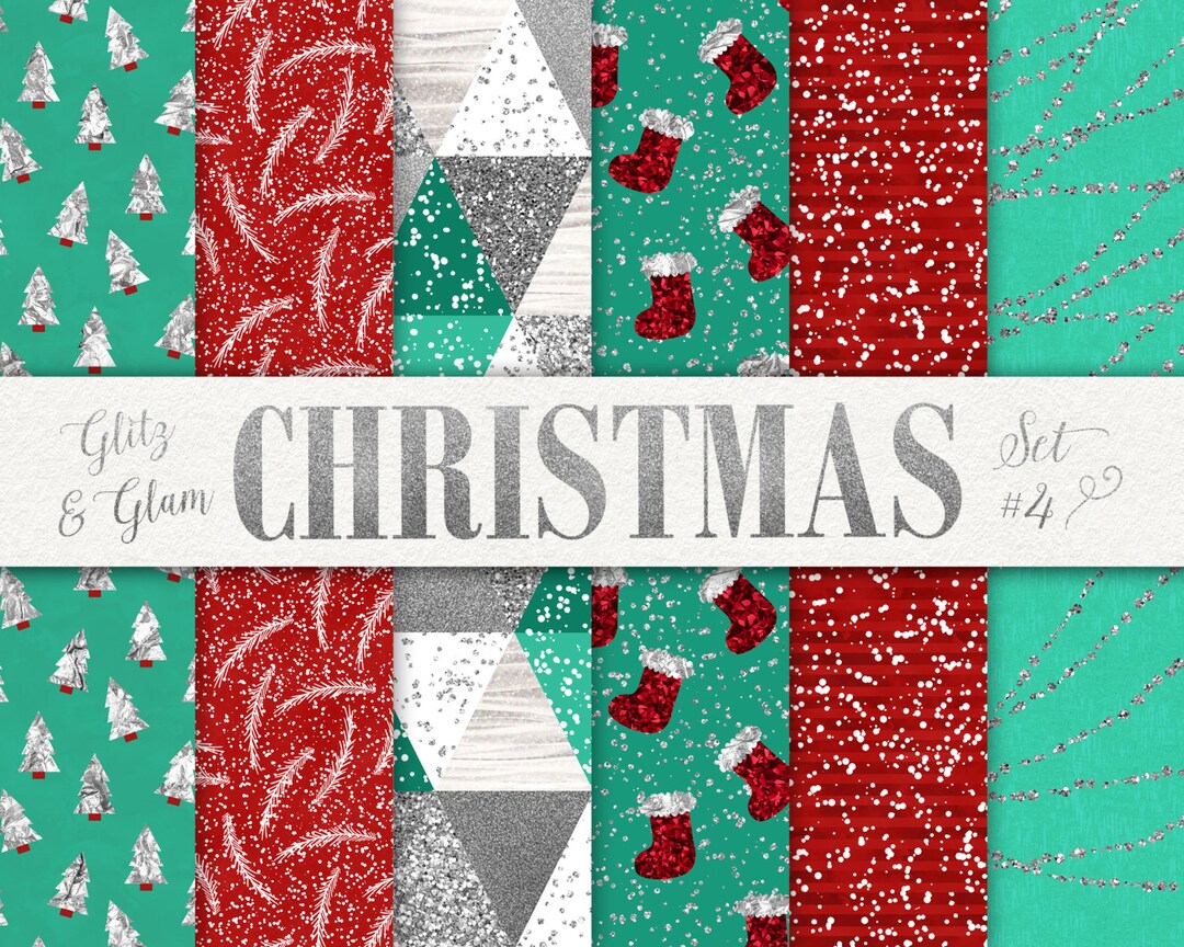 Christmas Digital Background / Red and Teal Digital Paper / Silver ...