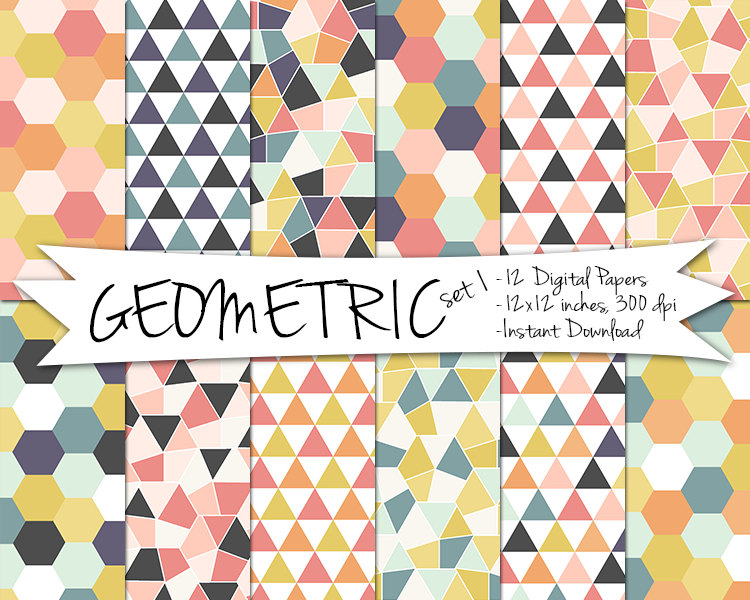Geometric Digital Paper // Hexagon and Triangle Printable Paper ...