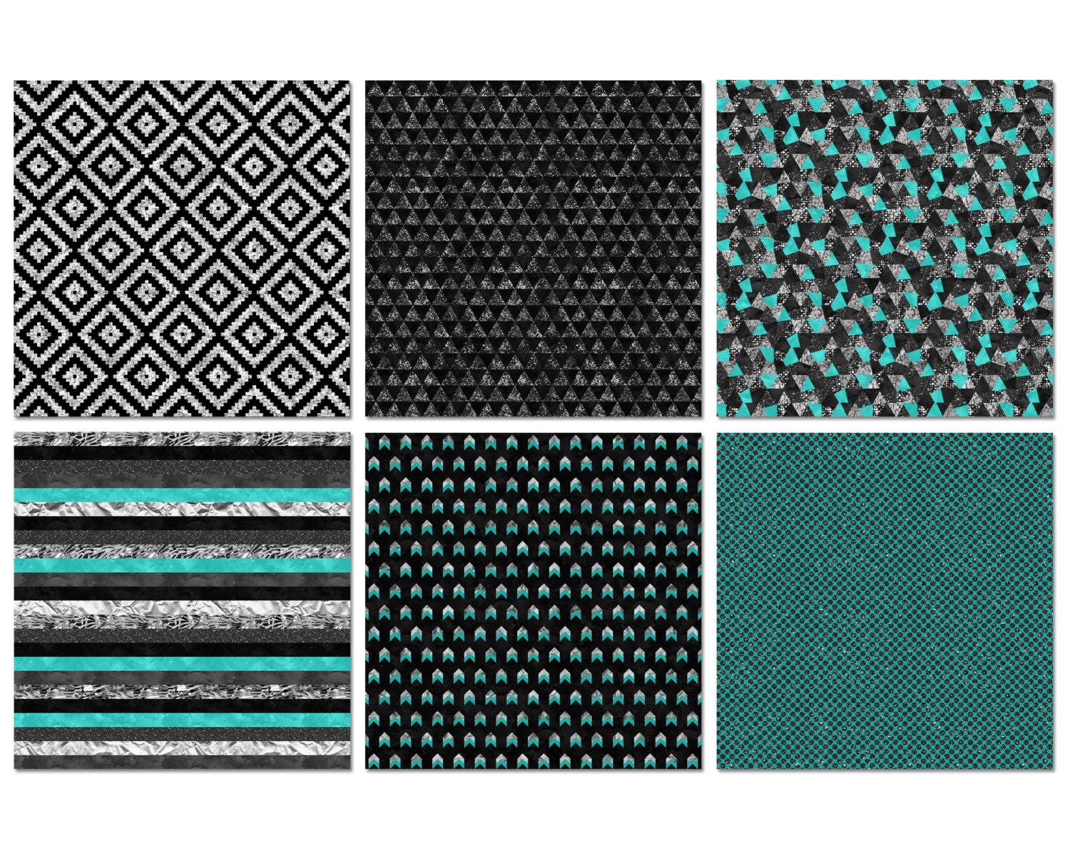 Glamorous Patterns / Teal Black and Silver Goemetric Pattern / Silver ...