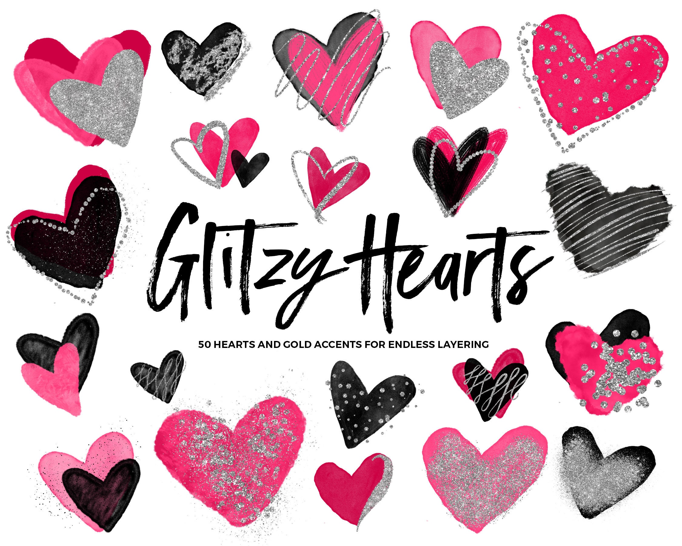 Silver and Pink Clipart Hearts / Silver Glitter Hearts / Silver Hearts ...