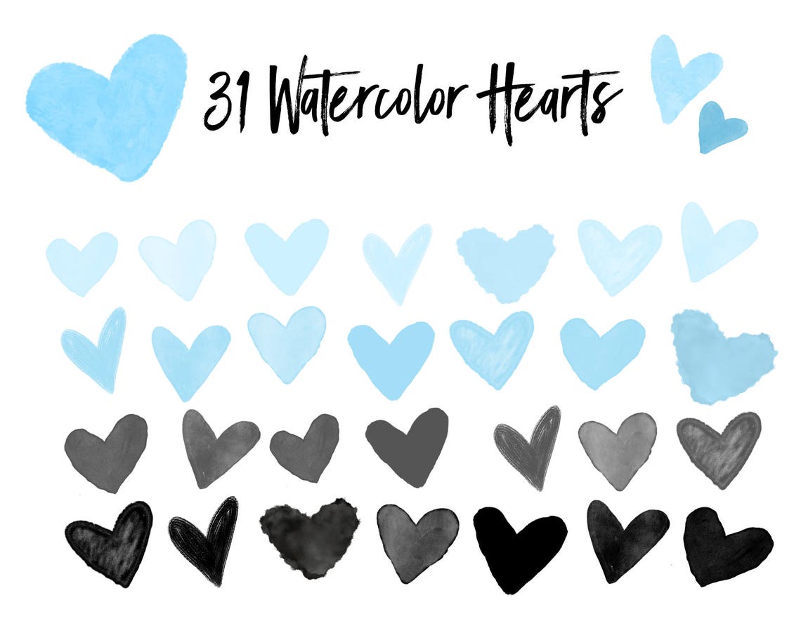 Blue Hearts Clipart / Blue Watercolor Hearts Clipart / Gray Heart ...
