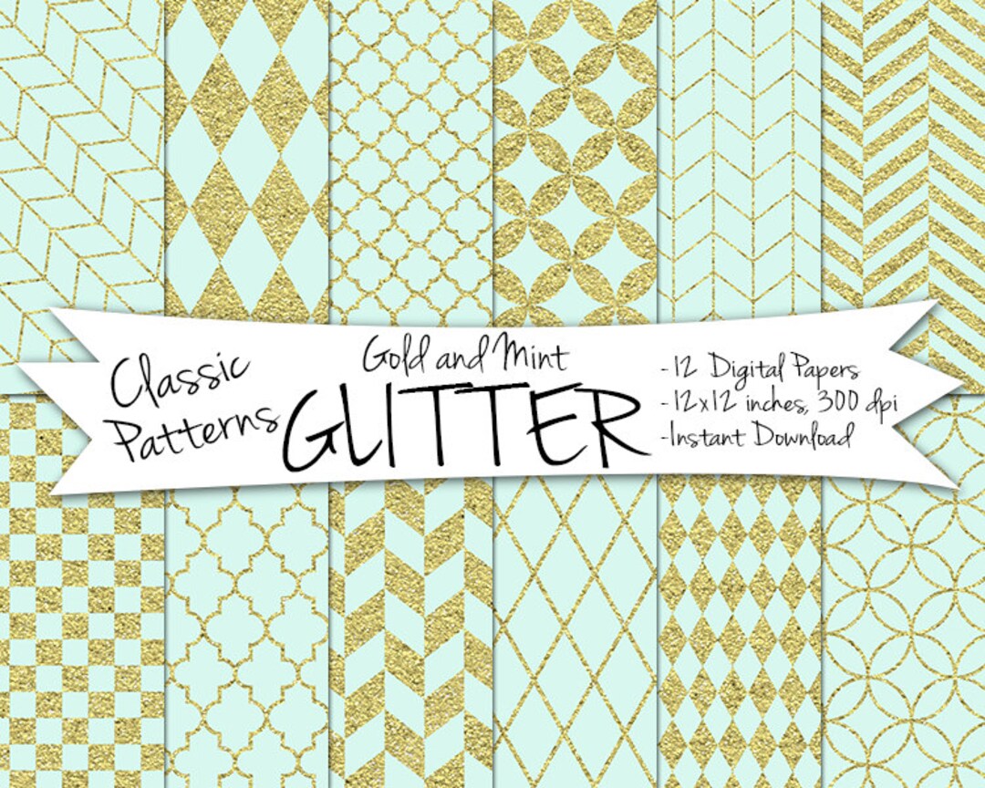 Mint and Gold Glitter Paper // Glitter Scrapbook Paper // Digital Gold ...
