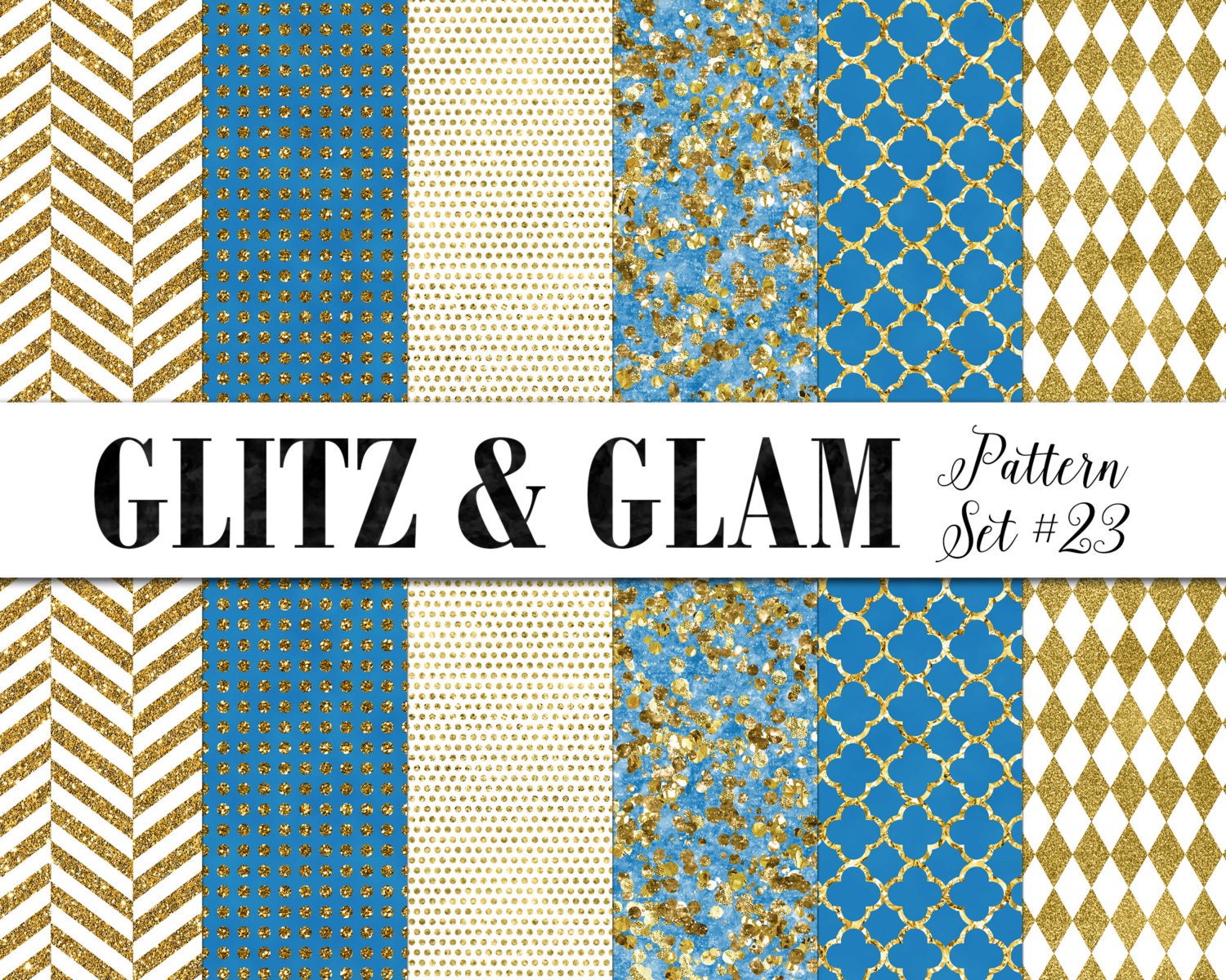 Blue and Gold Digital Paper / Gold Herringbone Digital Paper / Blue ...