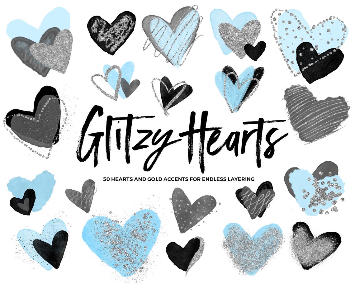 Blue Hearts Clipart / Blue Watercolor Hearts Clipart / Gray Heart ...