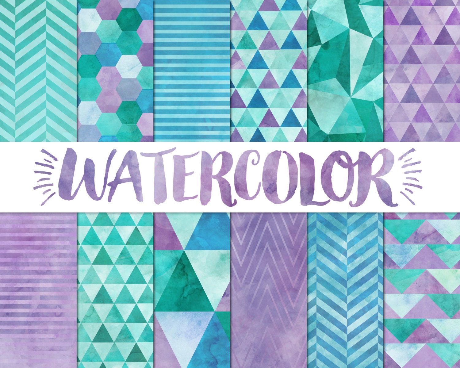 Watercolor Digital Paper / Purple Geometric Watercolor Paper / Modern ...