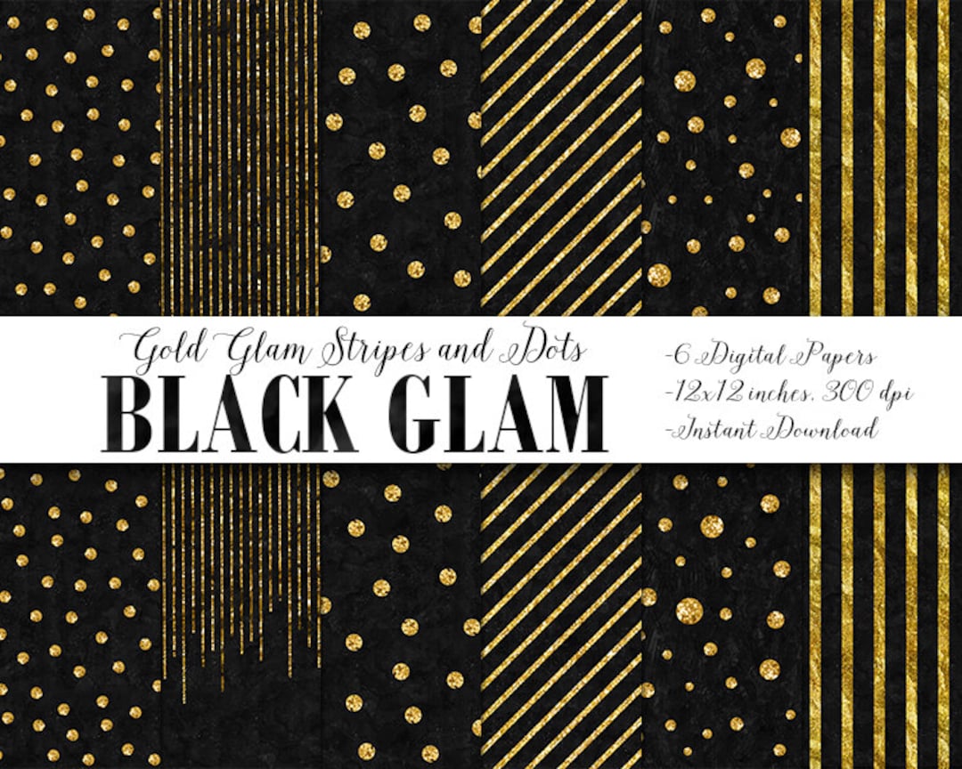 Black and Gold Digital Paper / Gold Stripes and Polka Dots / Gold Foil ...