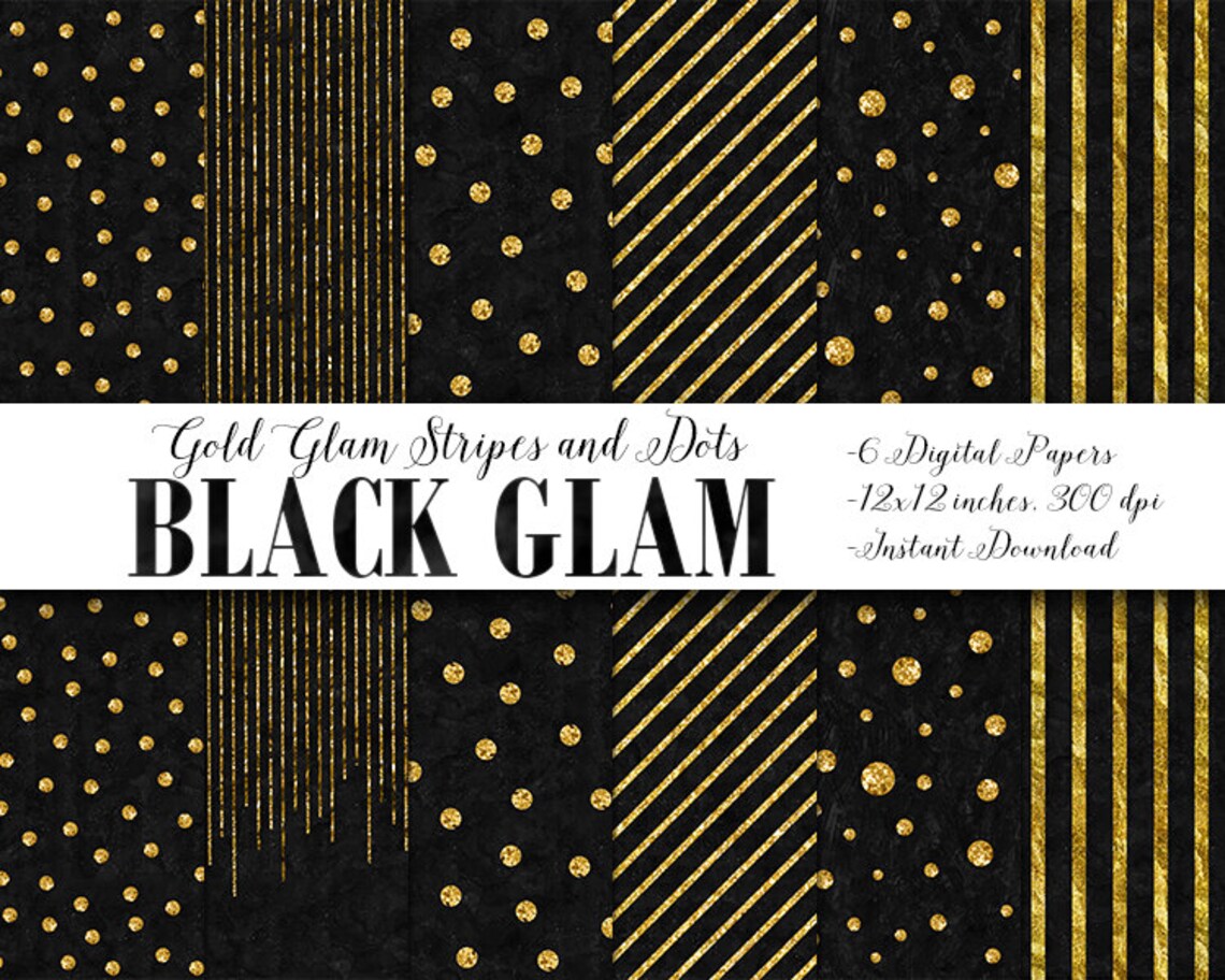 Black and Gold Digital Paper / Gold Stripes and Polka Dots / Gold Foil ...