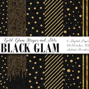 Black and Gold Digital Paper / Gold Stripes and Polka Dots / Gold Foil ...