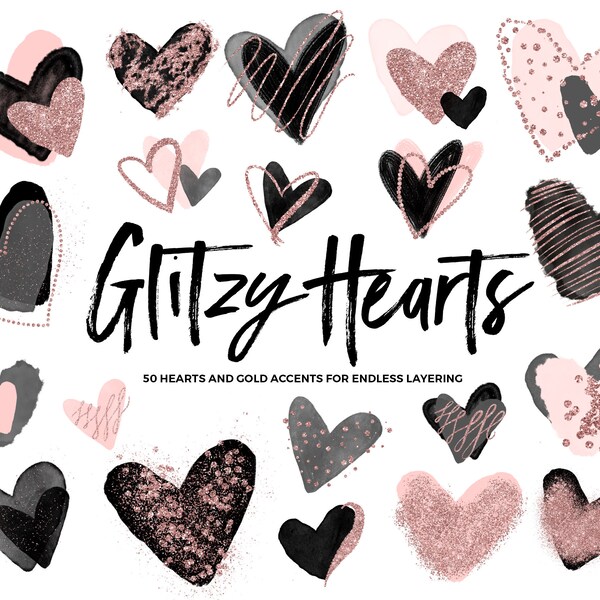 Pink Watercolor Heart Clipart / Clipart Hearts / Gold Glitter Hearts ...