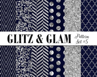 Navy and Silver, Glitter, Chevron, Stripes, Polka Dots, Digital Paper ...