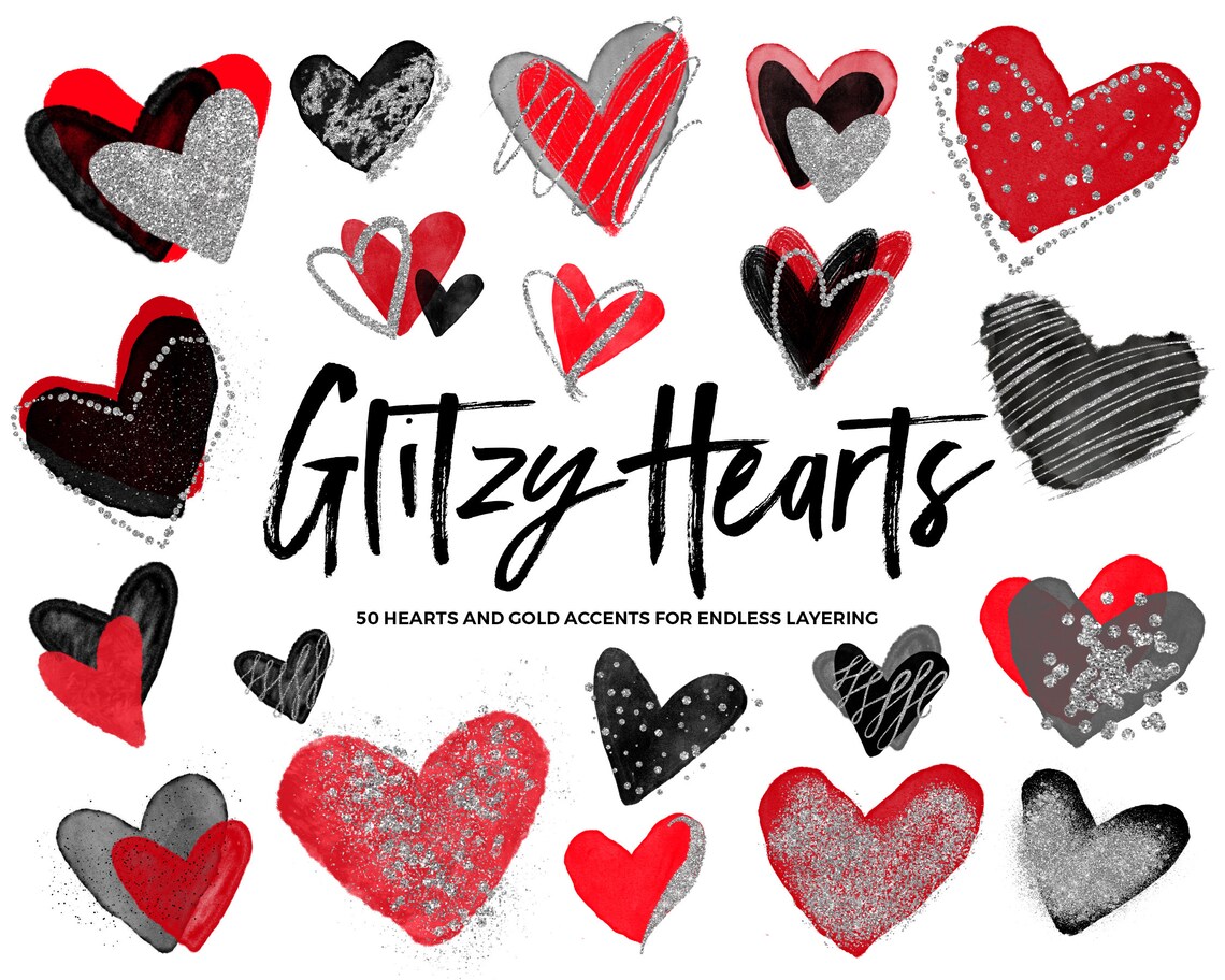 Red Heart Clipart / Silver Glitter Clipart Hearts / Red Valentines Day ...