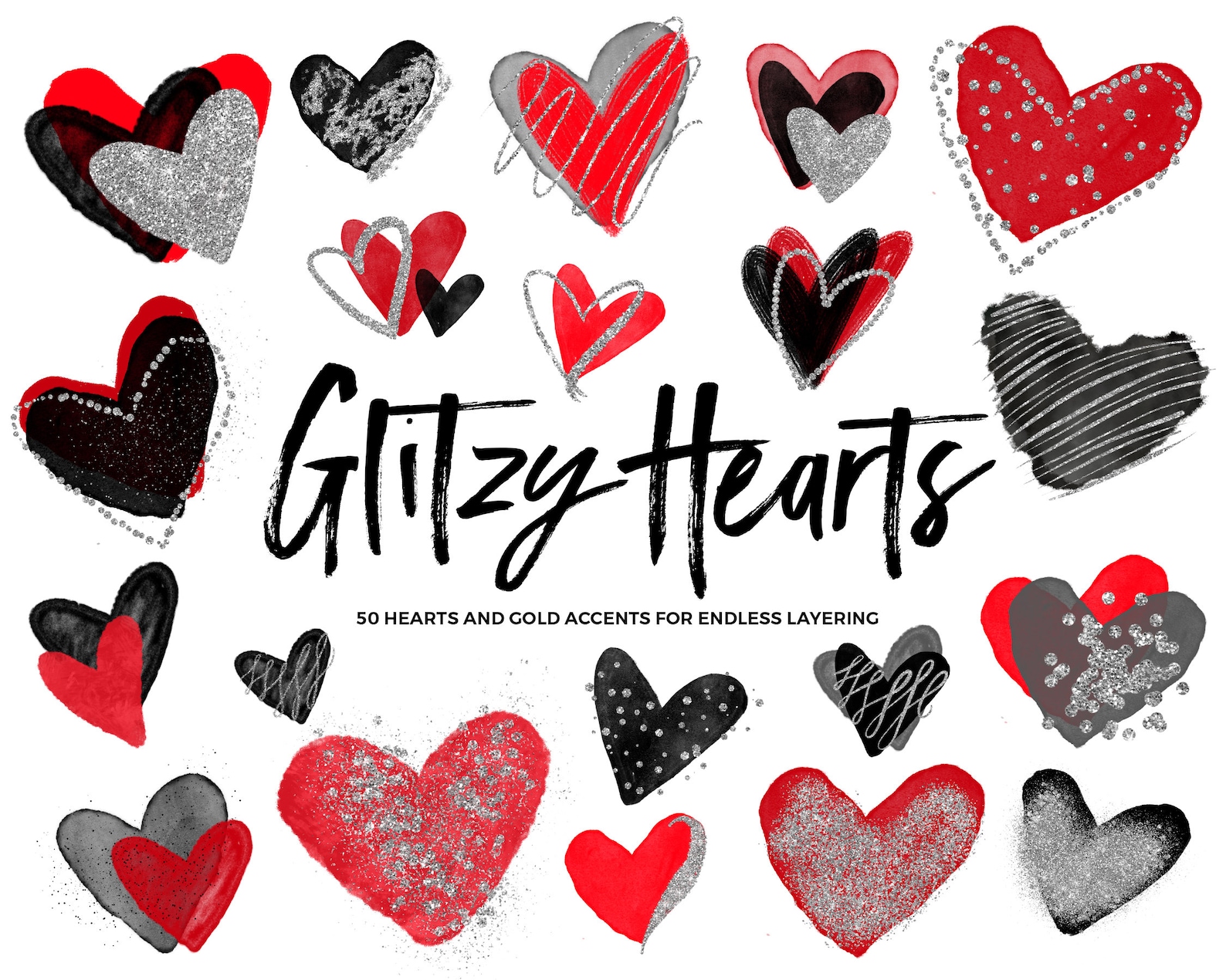 Red Heart Clipart / Silver Glitter Clipart Hearts / Red Valentines Day ...
