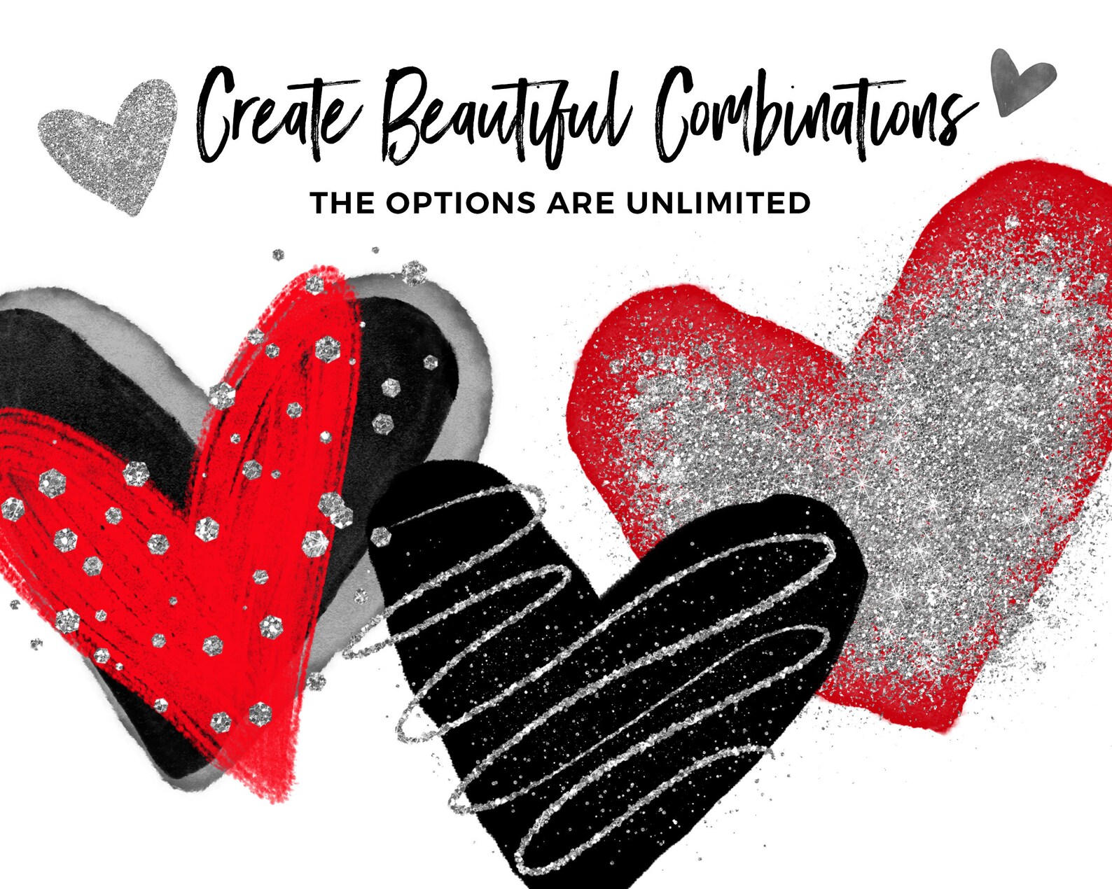 Red Heart Clipart / Silver Glitter Clipart Hearts / Red Valentines Day ...