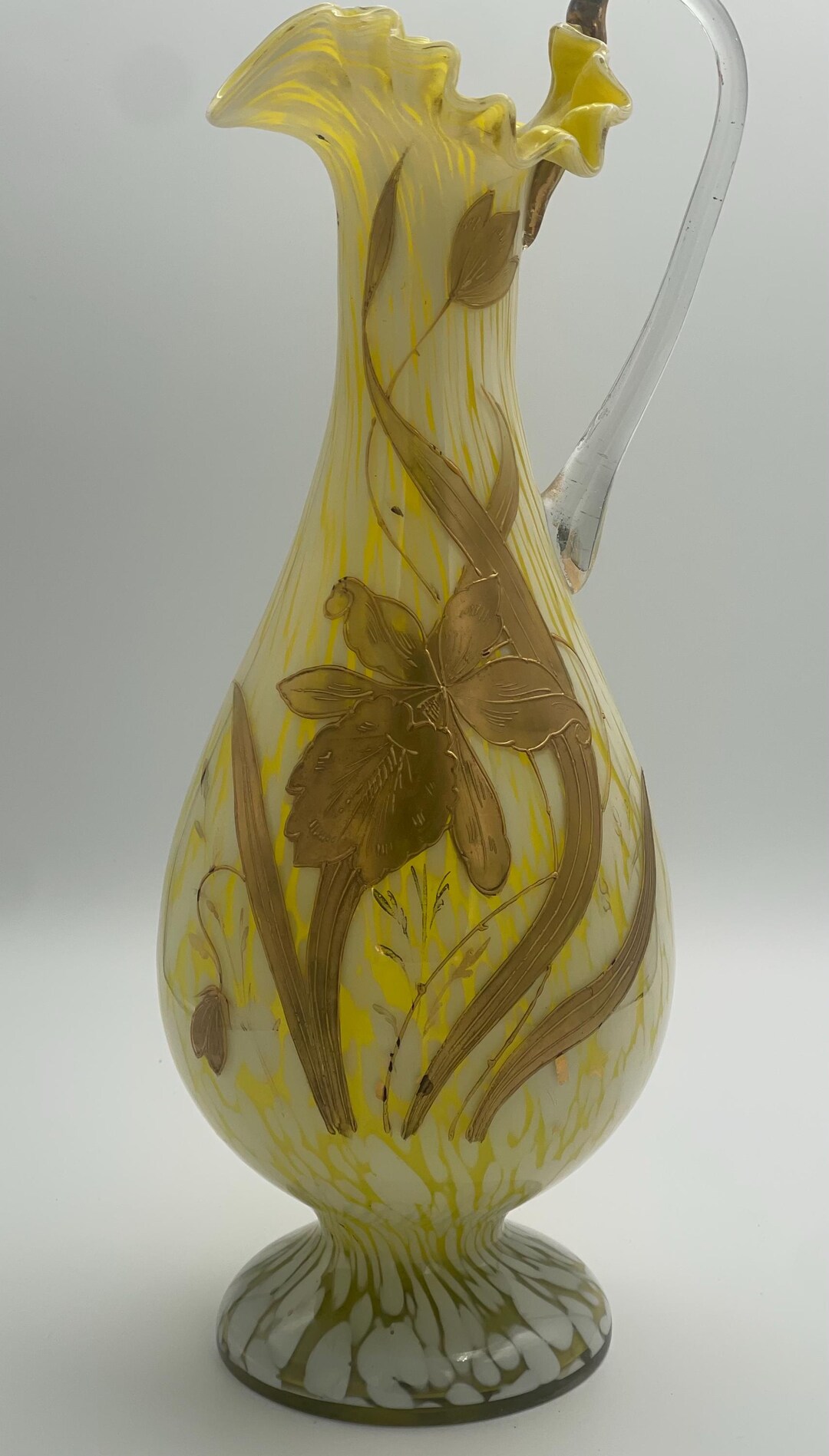 Antique Bohemian Franz Welz Yellow & White Spatter Glass Vase/ewer Hand ...