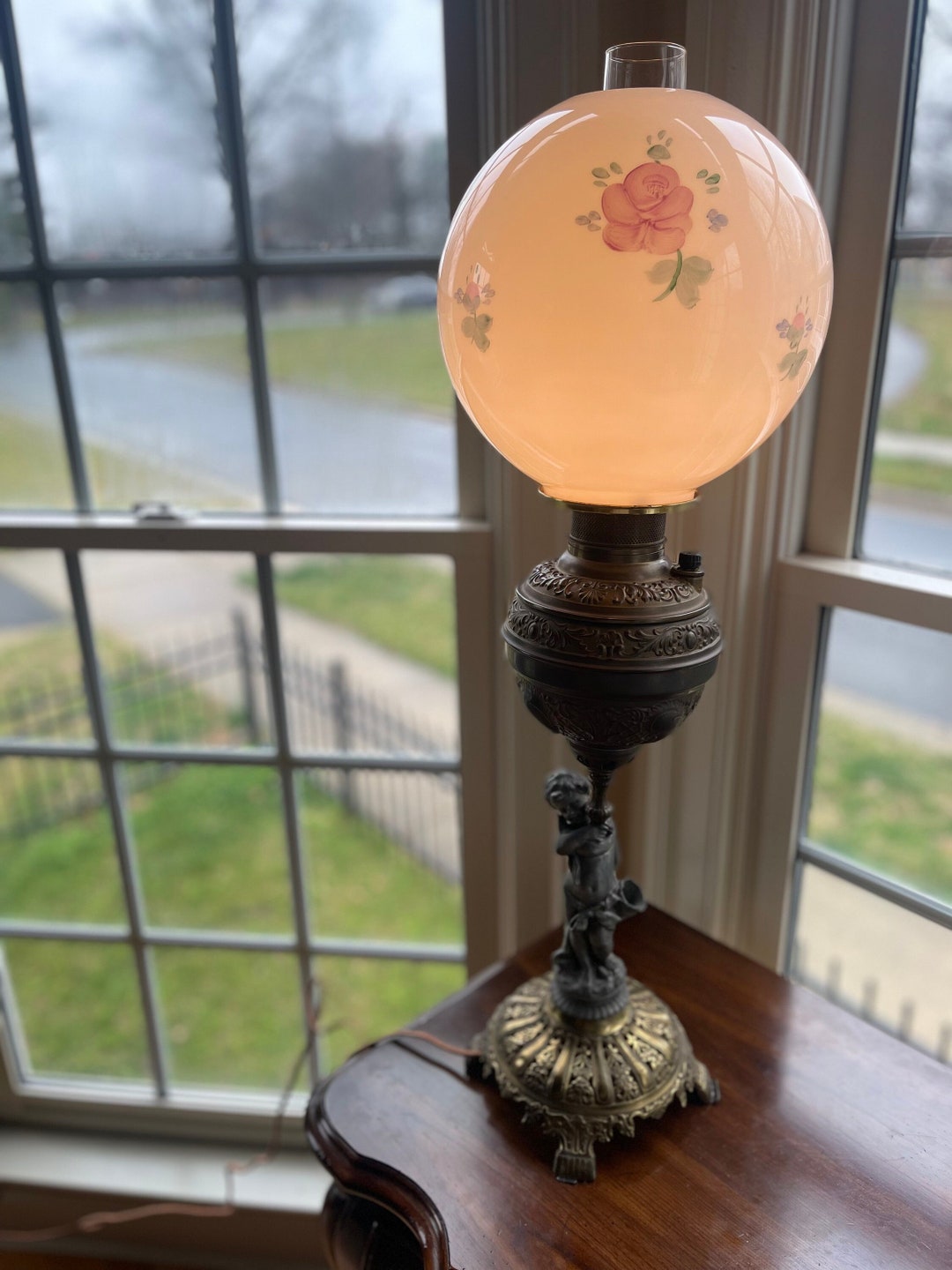 Antique American Victorian Cherub Electrified Kerosene Oil Banquet Lamp ...