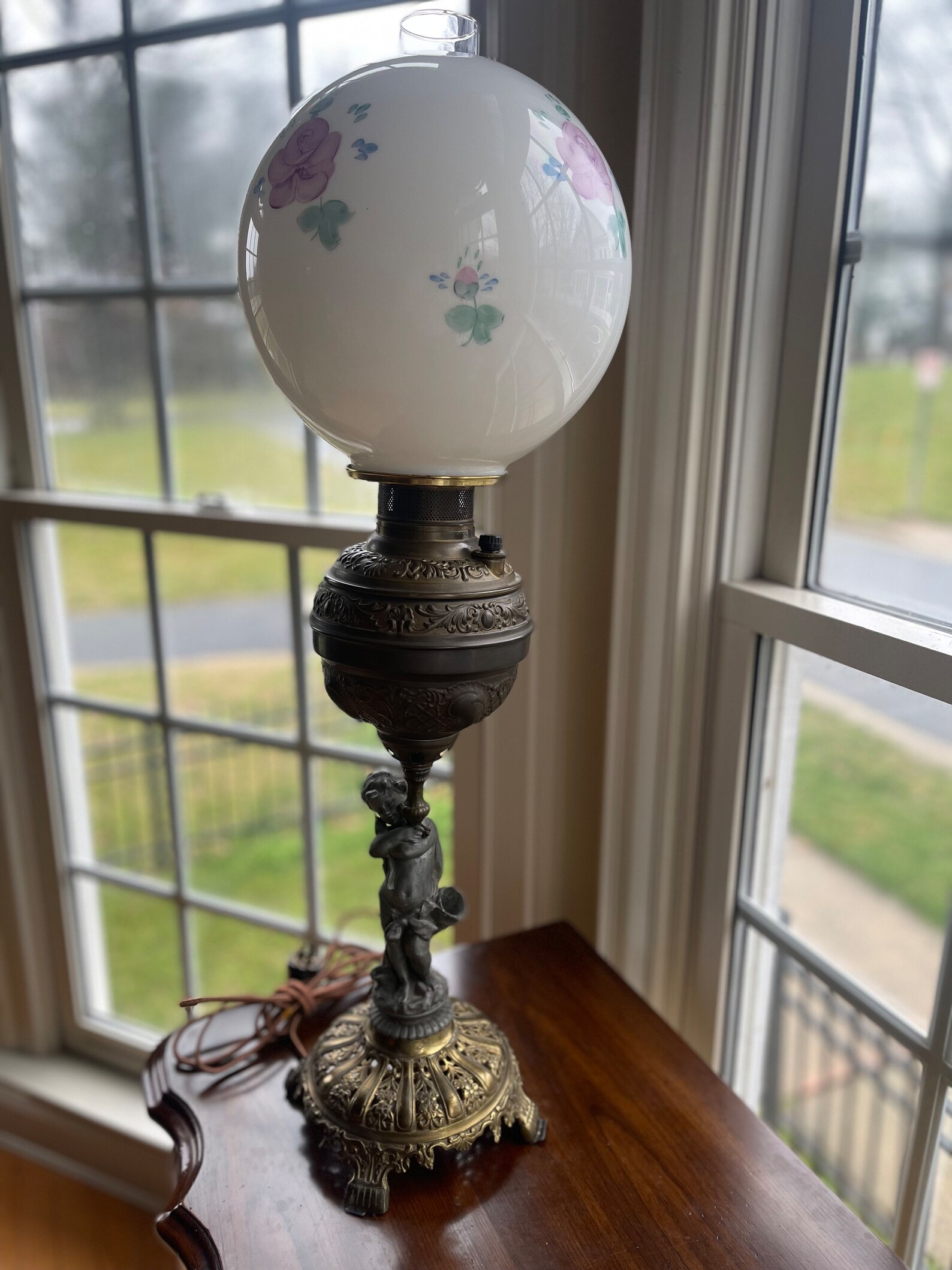 Antique American Victorian Cherub Electrified Kerosene Oil Banquet Lamp ...