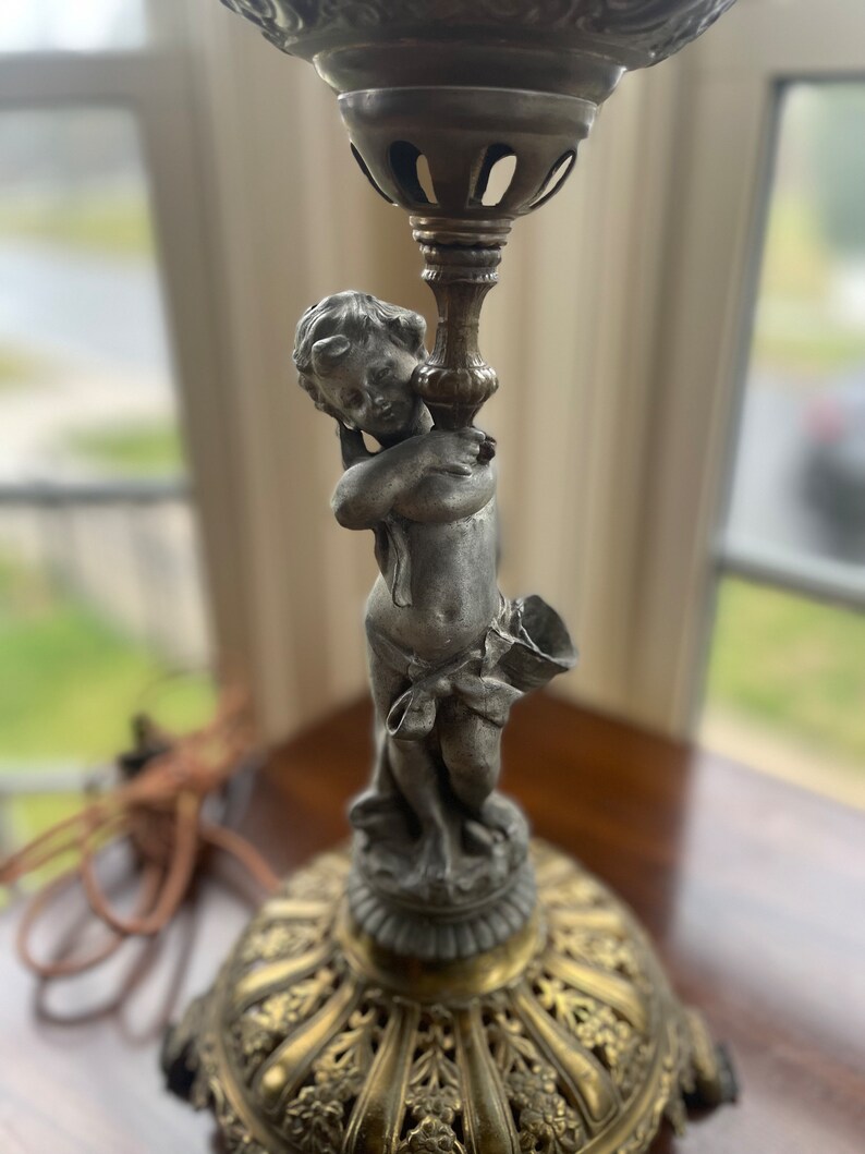 Antique American Victorian Cherub Electrified Kerosene Oil Banquet Lamp ...