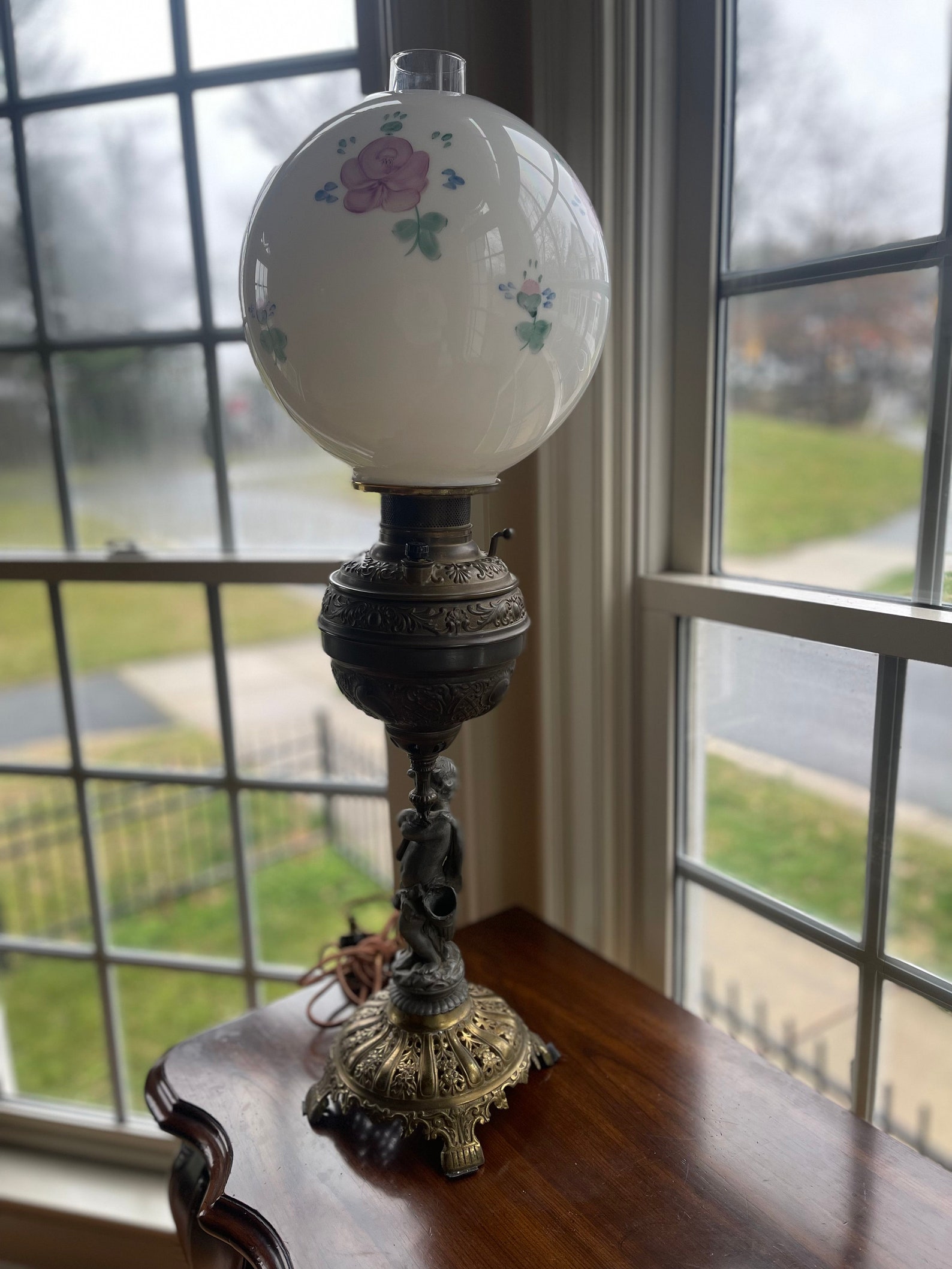 Antique American Victorian Cherub Electrified Kerosene Oil Banquet Lamp ...