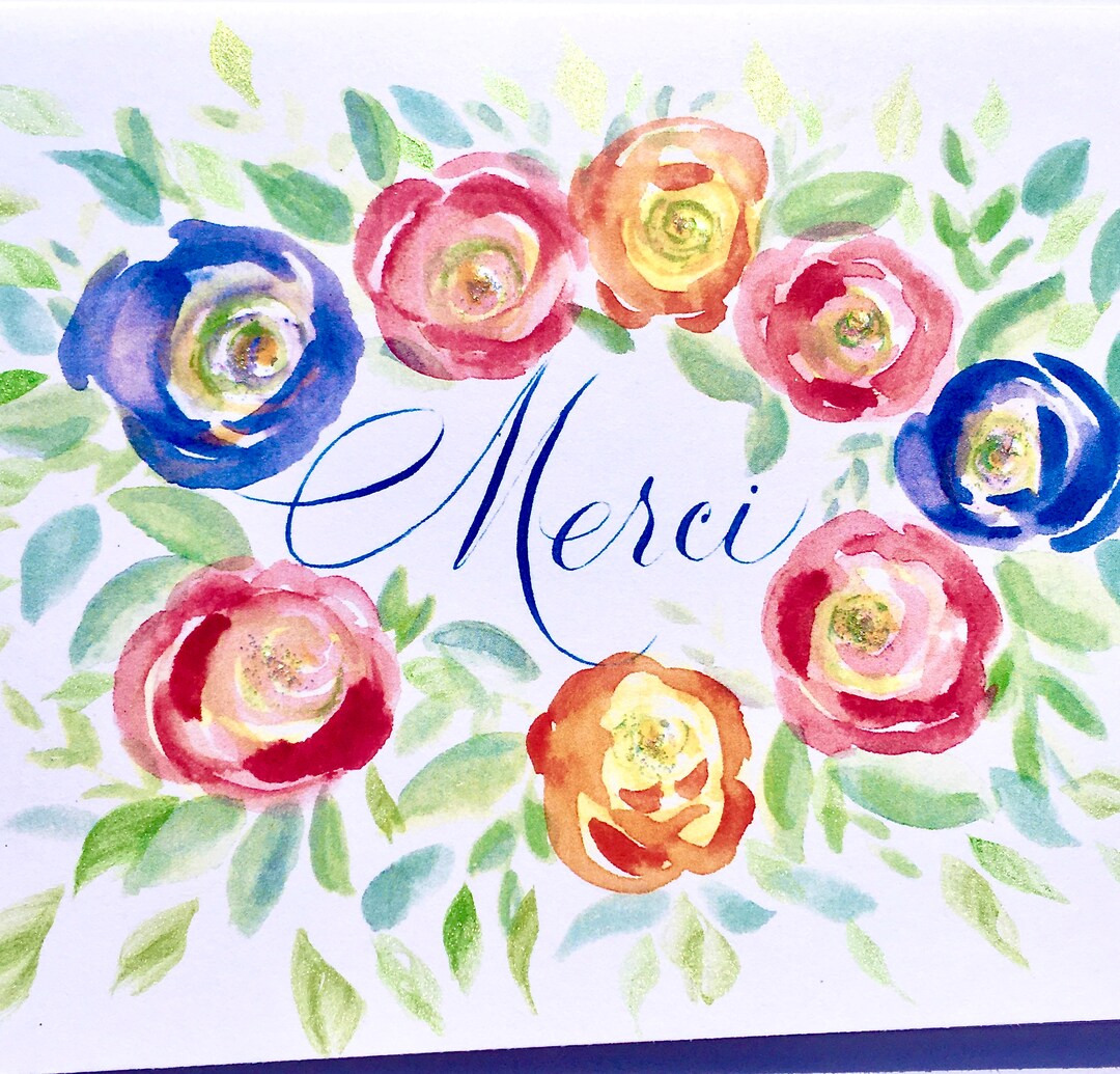 Watercolor Original Design Merci Thank You Card Note Card - Etsy