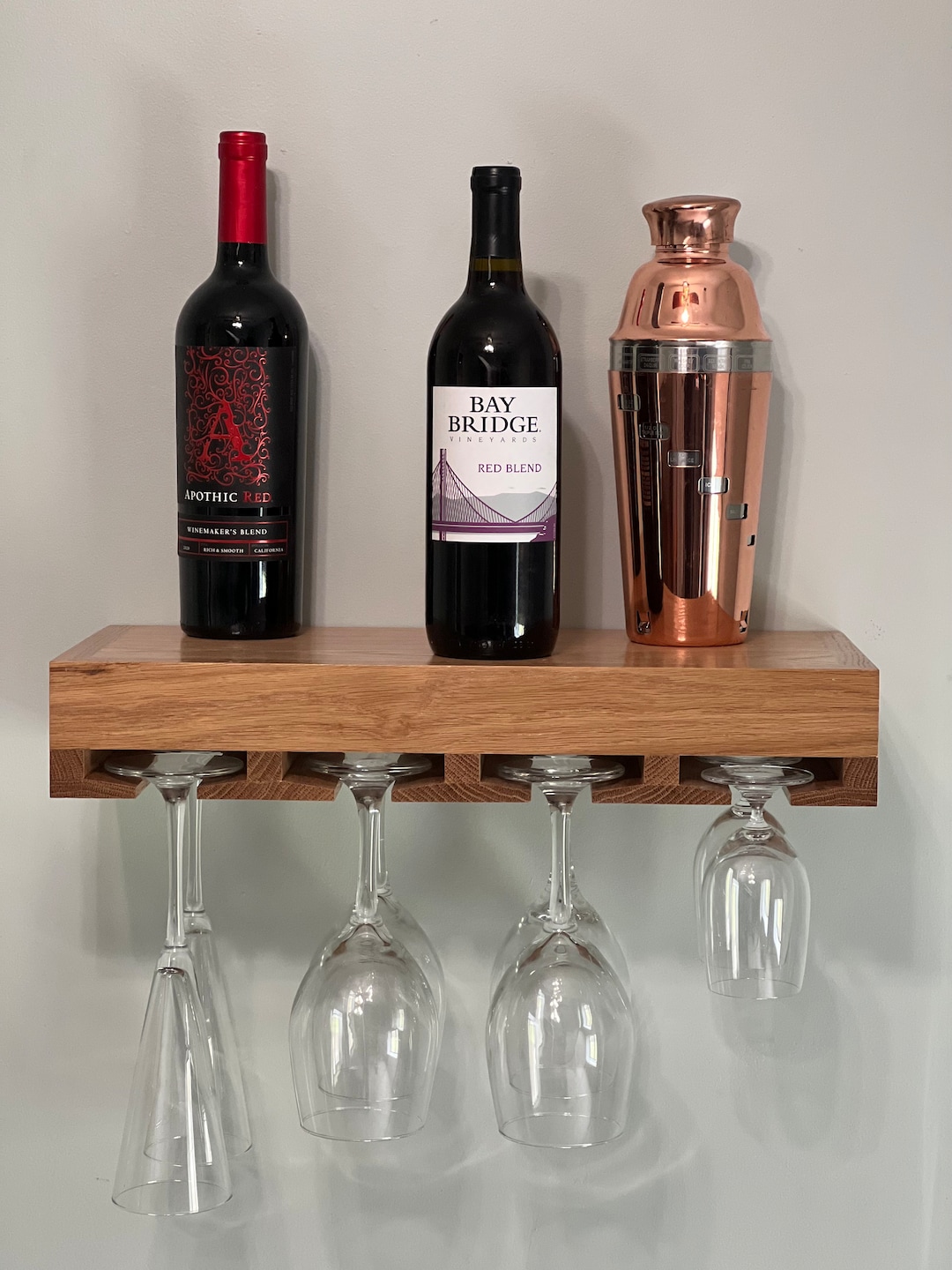 Stained Oak Floating Shelf With Wine Glass Rack | Bar Area Shelf ...