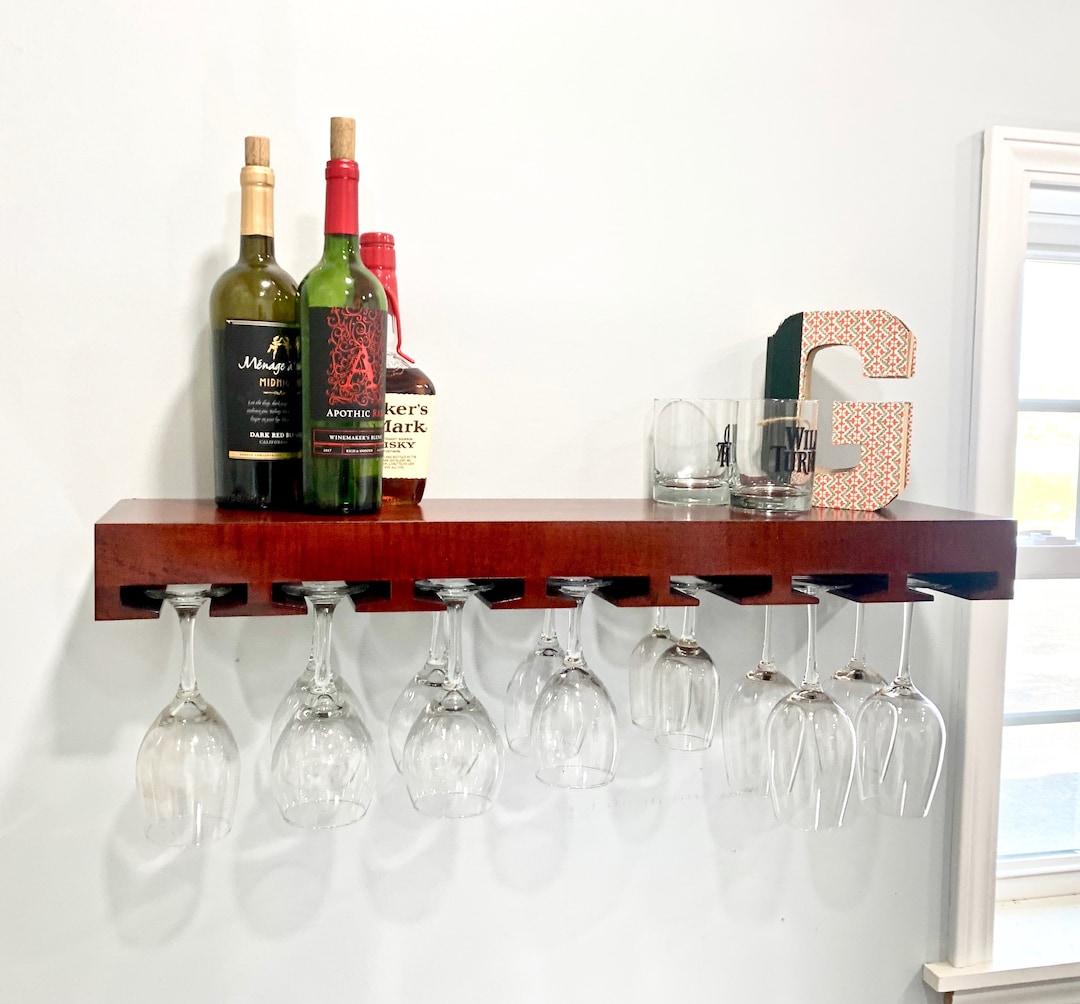 Stained Floating Wine Shelf | Wine Glass Rack | Stained Maple Wood ...