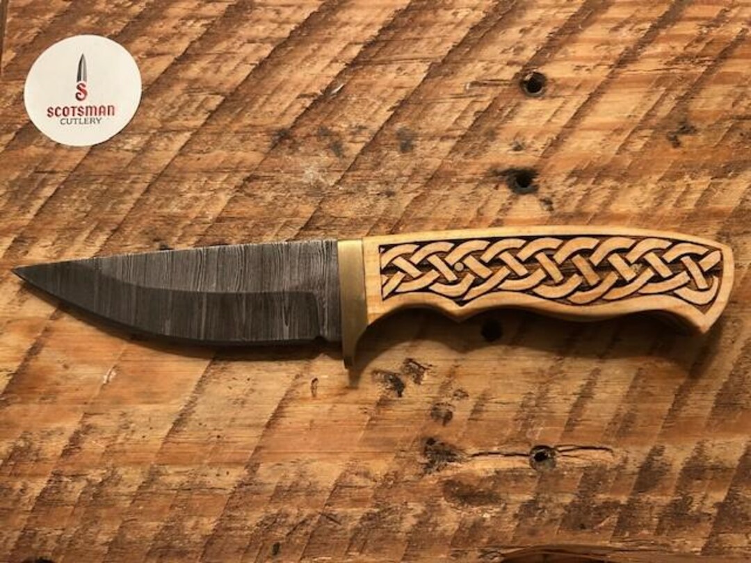 8.25 Celtic Band Hunter Fixed Blade Knife 4 Damascus Steel Blade Carved ...