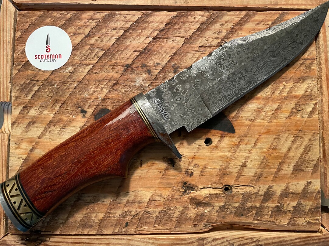 Raindrop Damascus Steel Bowie Knife With Clip Point Blade, Brown Wood ...