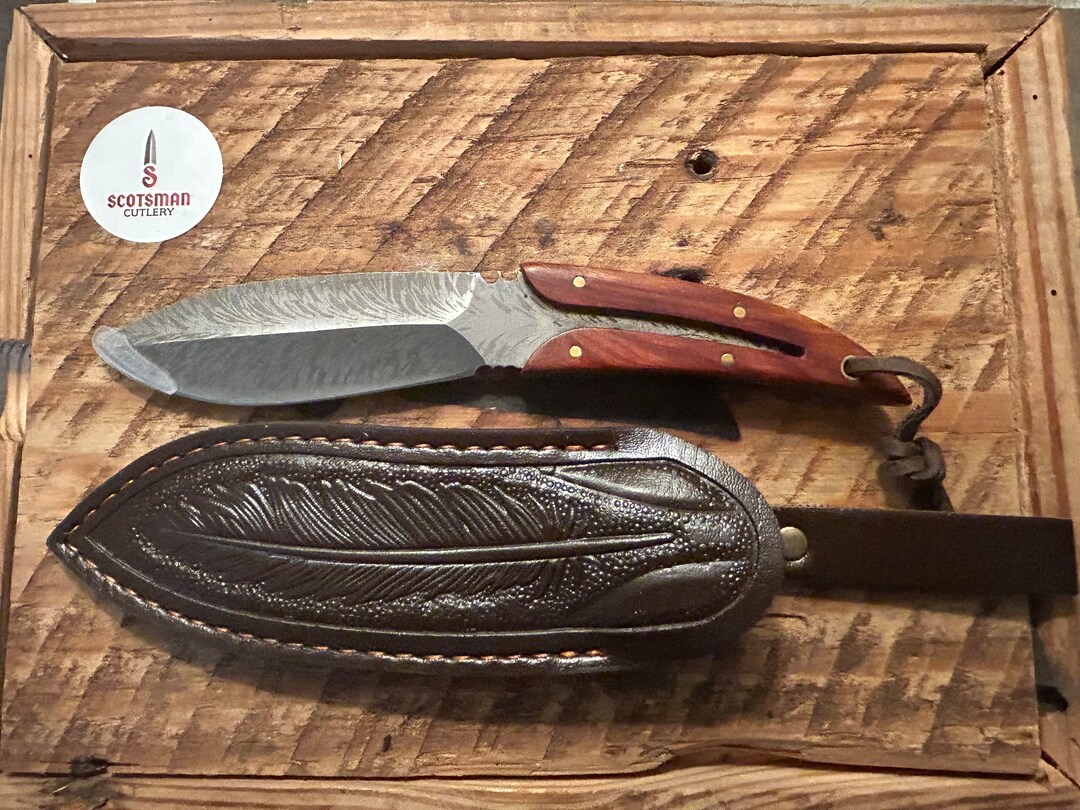 Damascus Style Feather Pattern Fixed Blade Knife, Decorative Leather ...