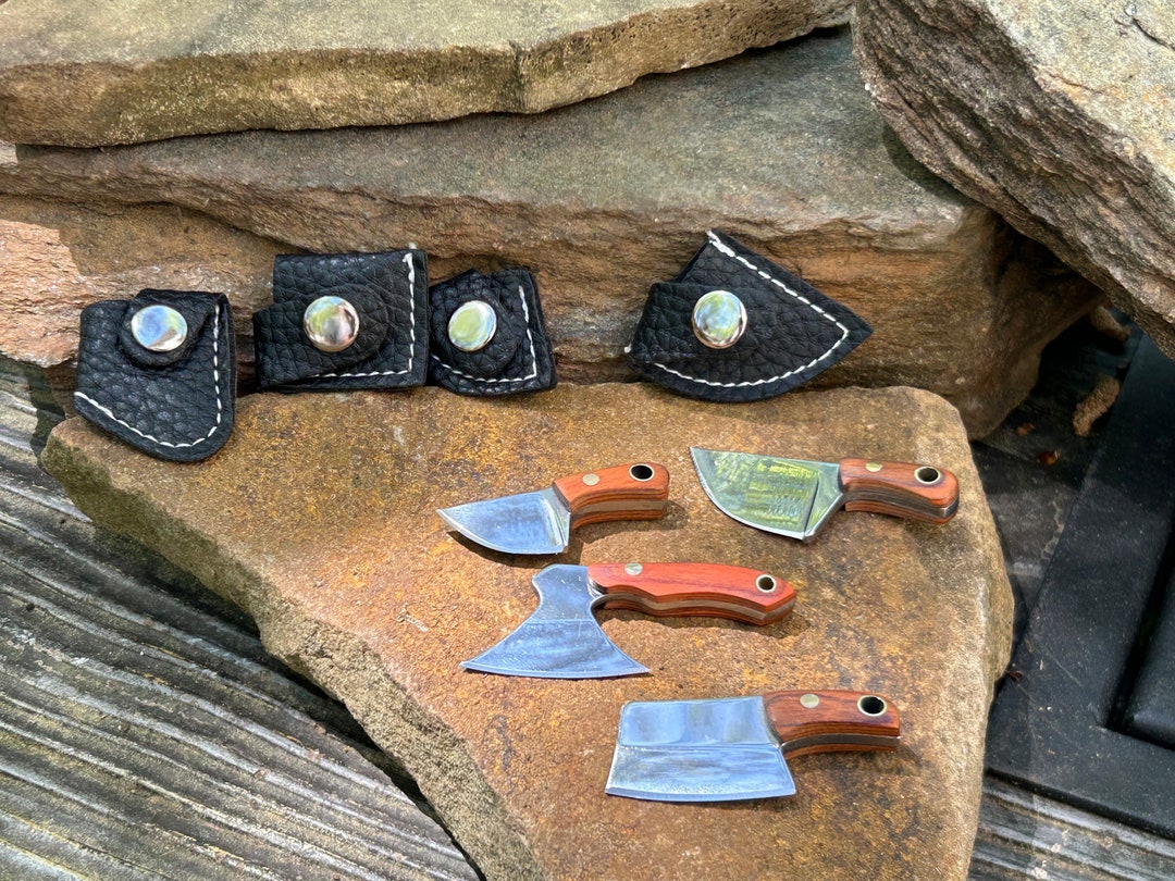 4 Piece Mini Knife Set Cleaver Axe Drop Point Hunter Leather Sheaths ...