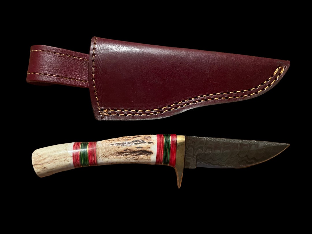 7” Stag Hunter Fixed Blade Knife With Damascus Steel Blade, Stag Handle ...