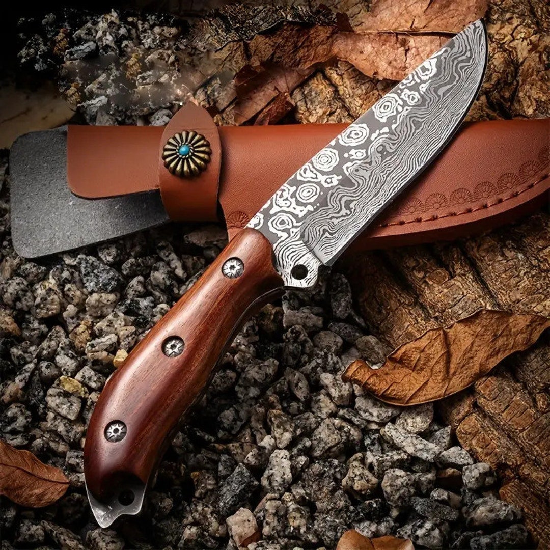 9.25 Damascus-style Fixed Blade Knife Decorative Leather Sheath Wood ...