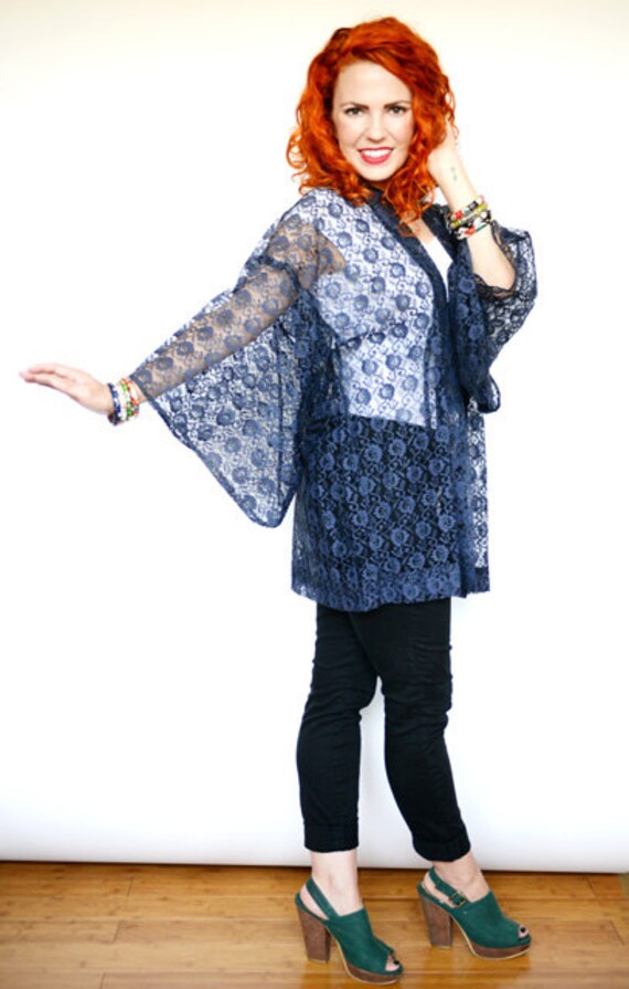 Vintage Japanese Navy Blue Lace Kimono Haori Robe // … - Gem