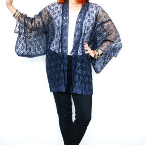 Vintage Japanese Navy Blue Lace Kimono Haori Robe // Japan Asian Duster ...