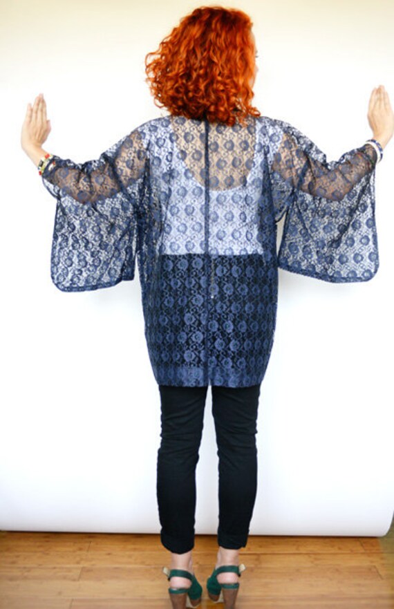Vintage Japanese Navy Blue Lace Kimono Haori Robe // … - Gem