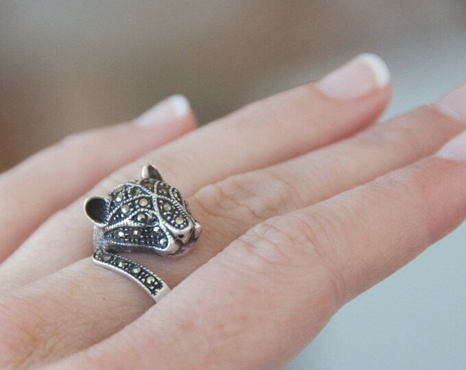925 Sterling Silver Marcasite Panther Ring Size 7 | Cougar Animal Head ...