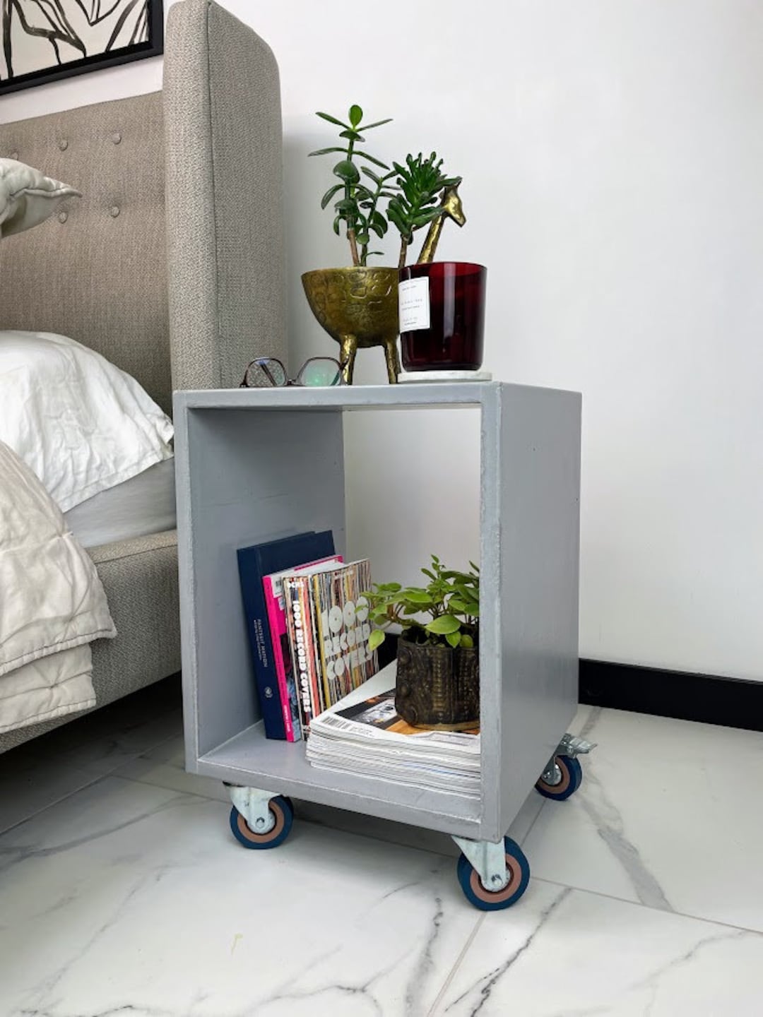 Concrete End Table & Nightstand With Casters– Modern Minimalist Accent ...