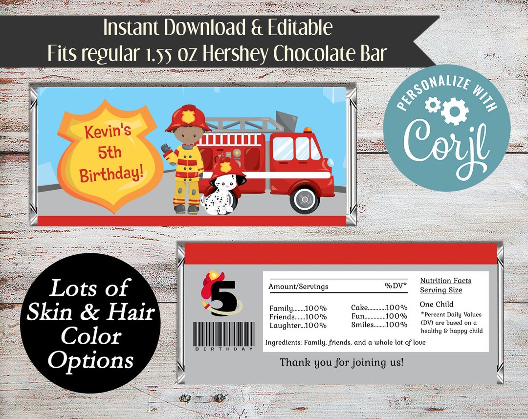 Editable Fireman Candy Wrapper, Fire Truck Candy Bar Wrapper, Fireman ...