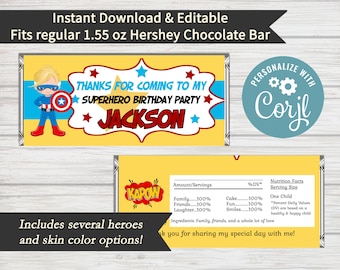 Superhero Candy Bar Wrappers: Editable Birthday Party Favors (digital ...
