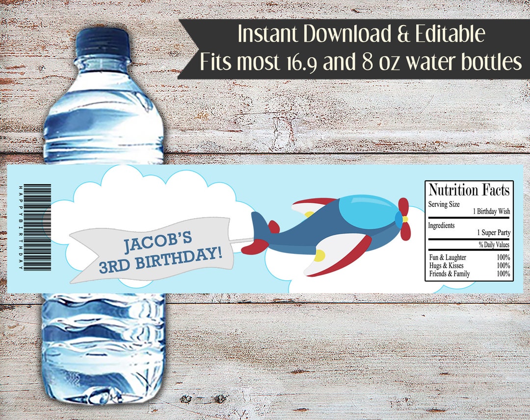 Editable Airplane Water Bottle Labels, Instant Download, Airplane Water ...