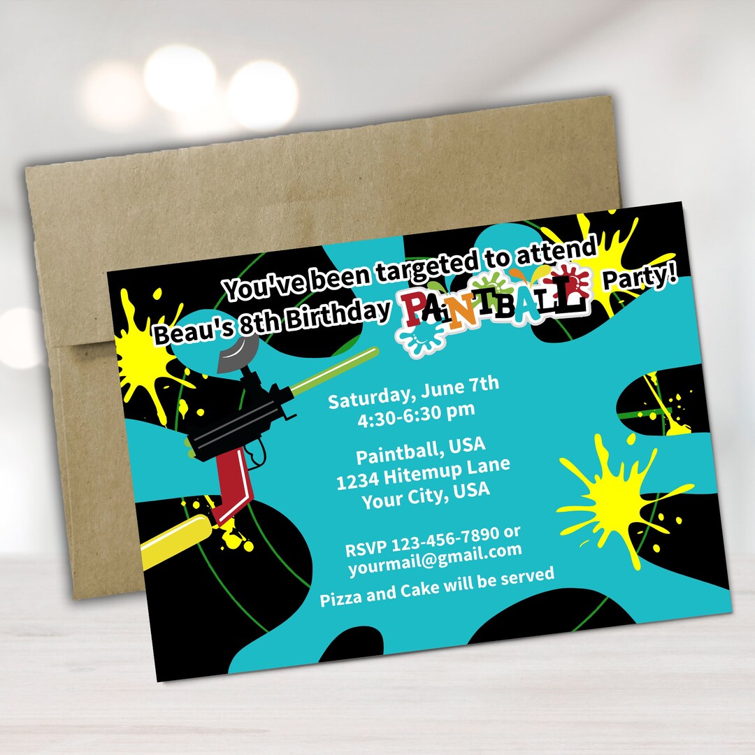 Paintball Birthday Party Invitations, Paintballing Party, Birthday ...