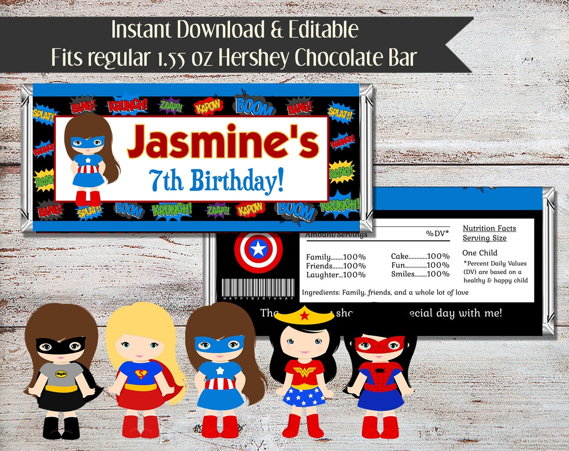 Editable Superhero Girl Candy Bar Wrapper Super Hero Candy - Etsy